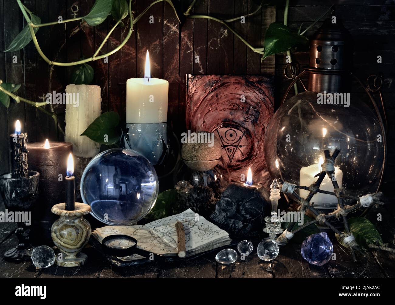 Wicca, esoteric and occult still life with vintage magic objects on ...
