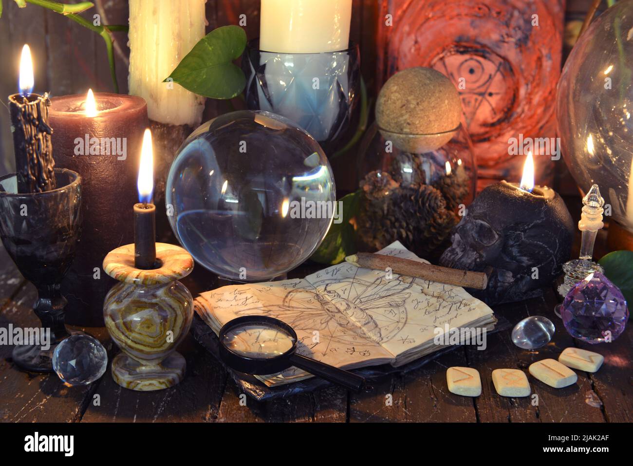 Wicca, esoteric and occult still life with vintage magic objects on ...