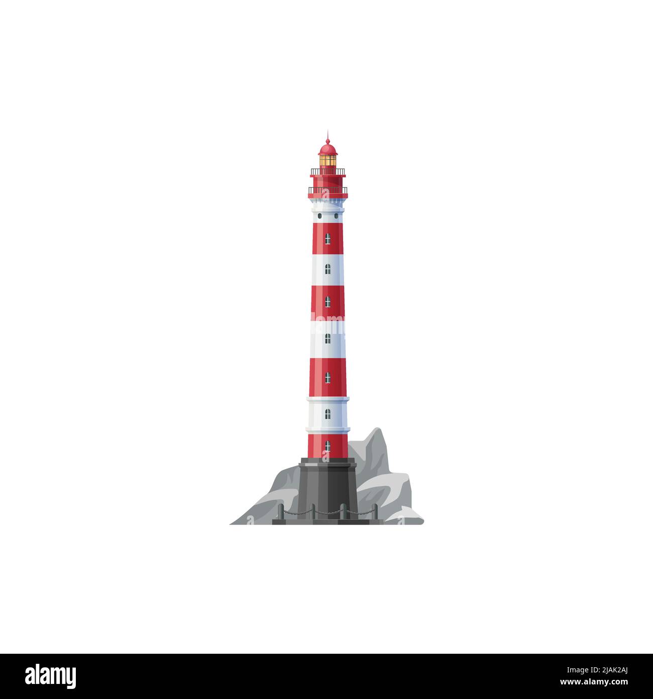 High lighthouse building on rocky shore icon. Coastal lighthouse ...