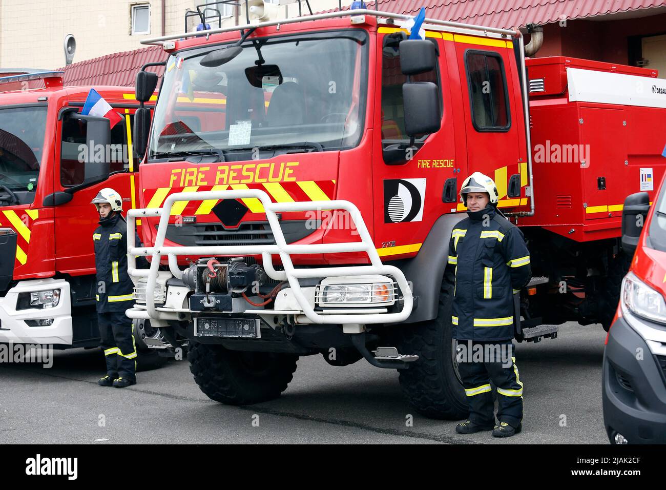 Kyiv, Ukraine, 30/05/2022, Rescuers are pictured next to the ...