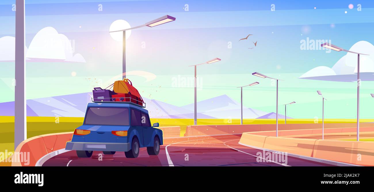Car with luggage on roof drive on old broken road. Vector cartoon ...