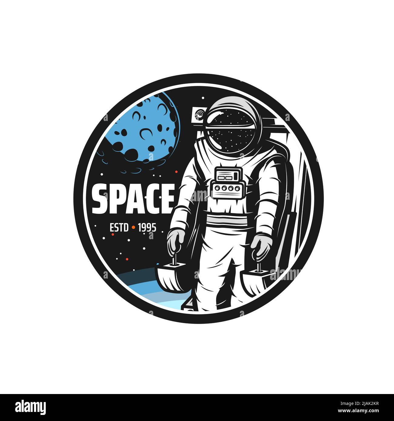 Astronaut in space icon, galaxy and planets explorer spaceflights ...