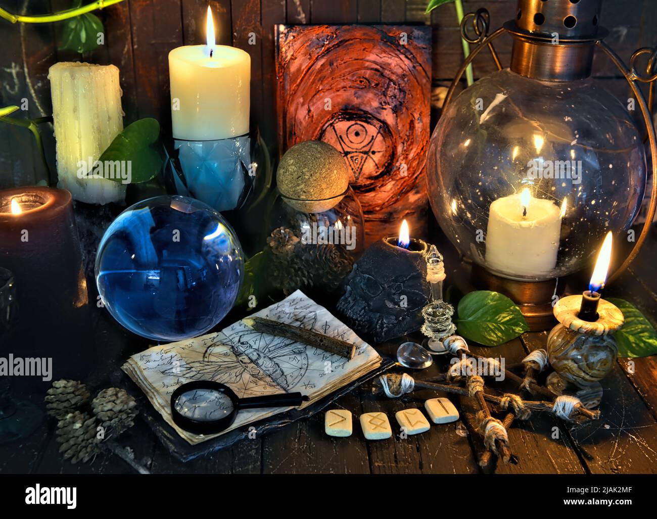 Wicca, esoteric and occult still life with vintage magic objects on ...