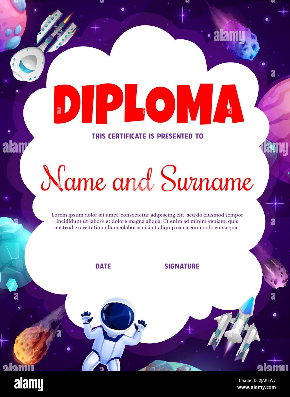 Kids diploma planets, comets, asteroids with spacecrafts and astronaut in space. Educational ...