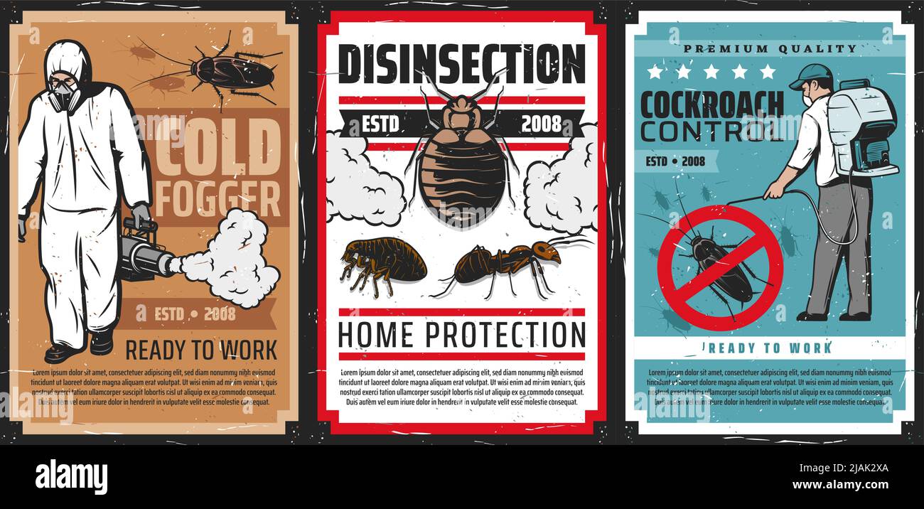 Pest control vector retro posters, cockroach control, home protection ...