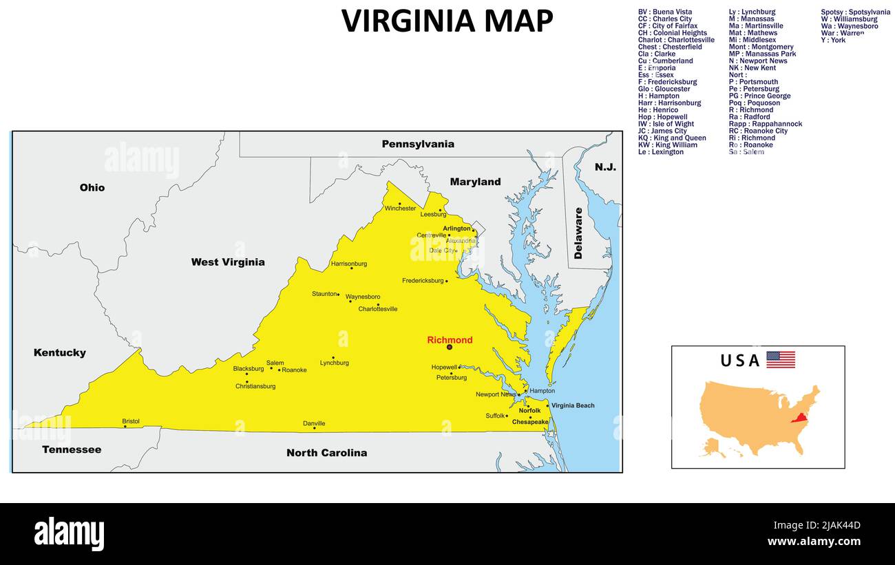 Virginia Map. Political map of Virginia with boundaries in Outline ...