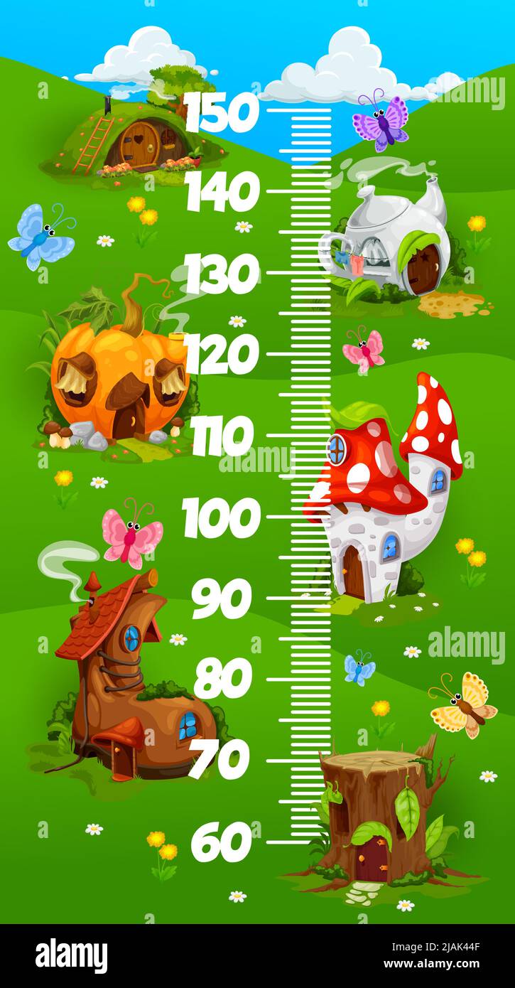 Kids height chart ruler village of gnome or elf cartoon houses. Vector ...