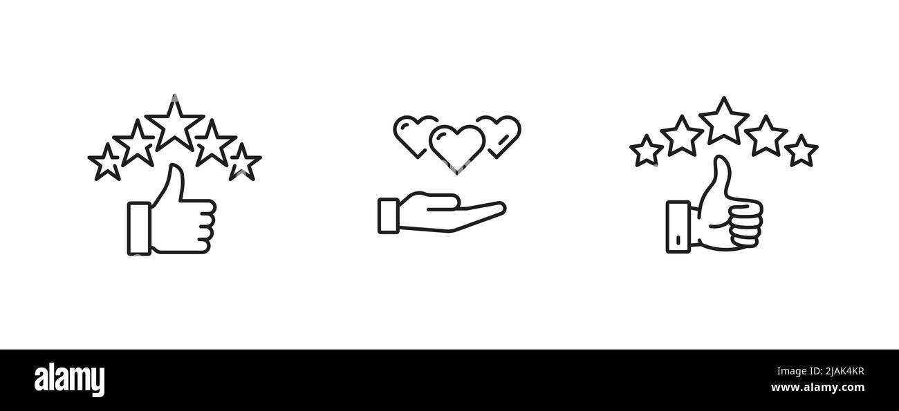Rating icons, five stars review and thumb up of customer good rate ...