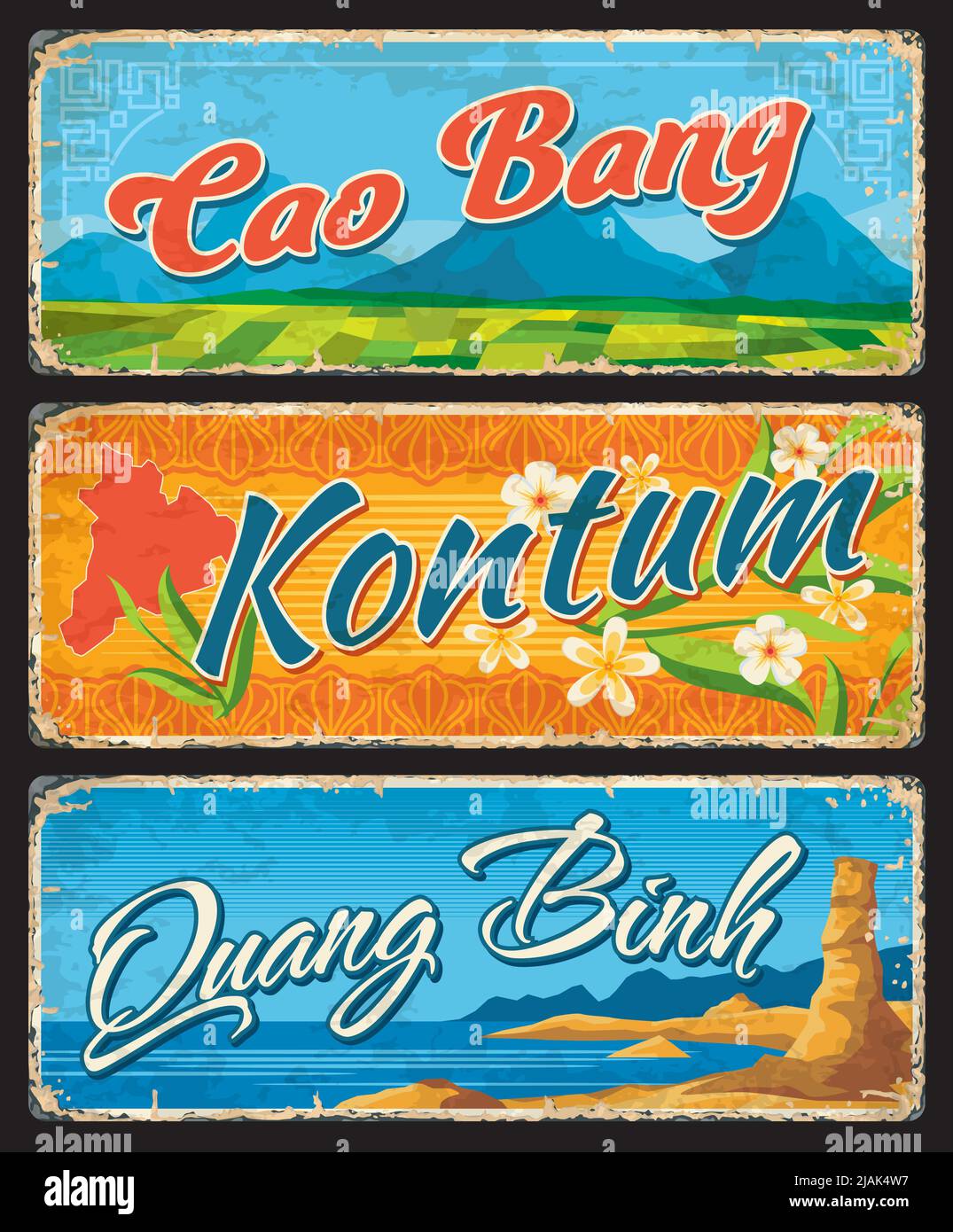 Cao Bang, Kontum and Quang Binh Vietnamese provinces, vector travel ...