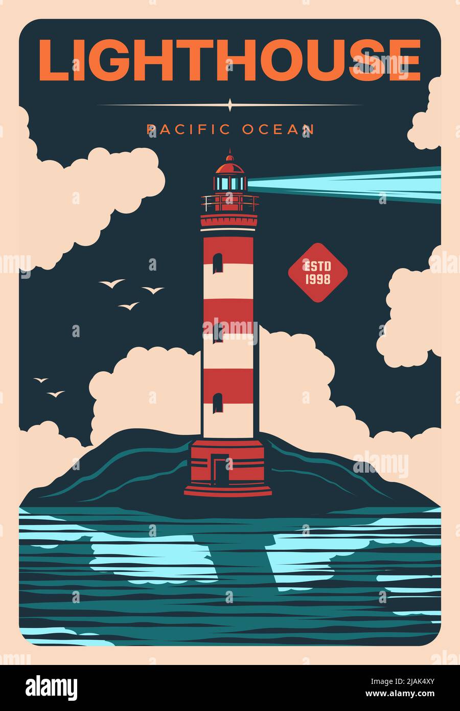 Lighthouse or beacon on seaside, safety seafaring vector poster ...