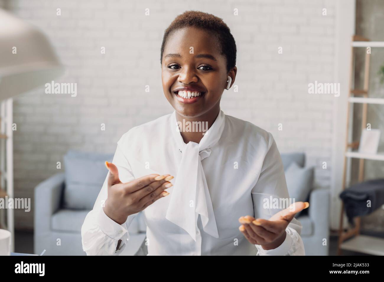 Black woman talking online, having video conference, call, speaking ...