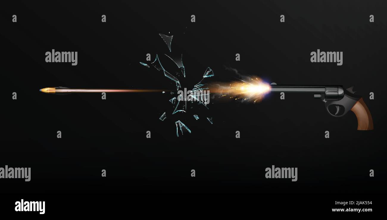 Pistol shot flash with bullet in motion breaking glass on black ...