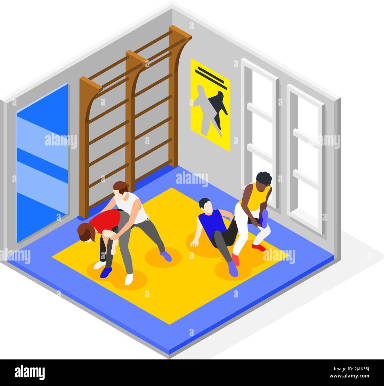 Self defense isometric composition with indoor scenery and gymnastic ...