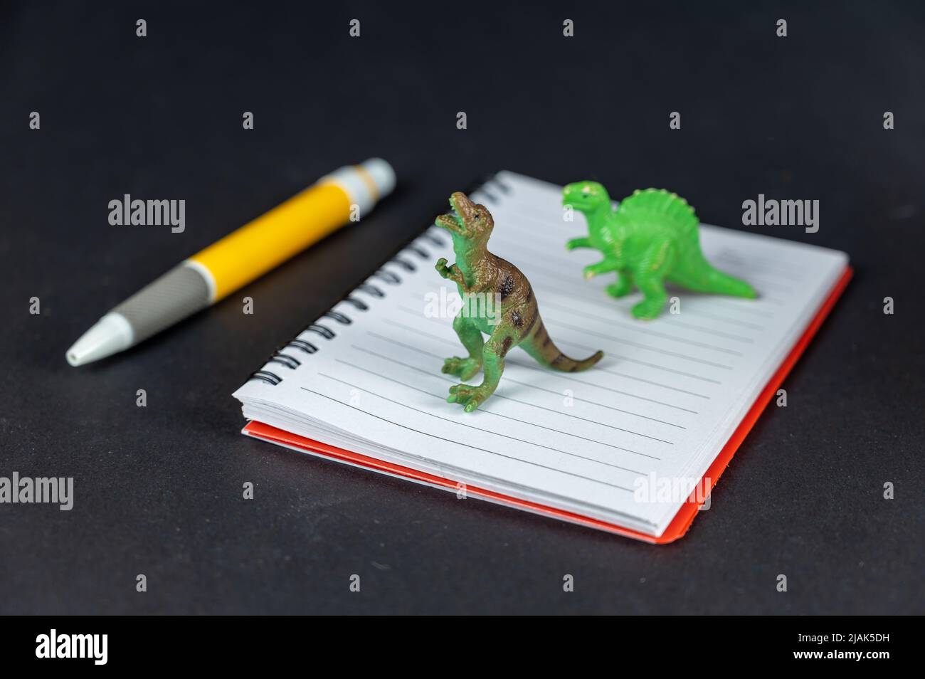 Pen, spring-loaded notebook, and dinosaur miniatures against a black ...