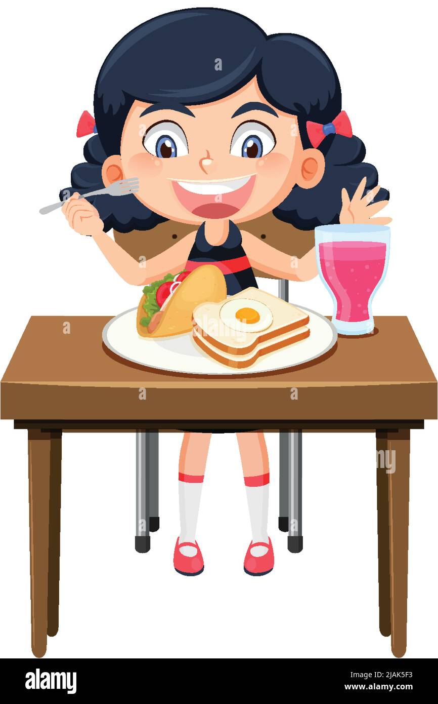 Happy girl enjoy eating food on table illustration Stock Vector Image ...
