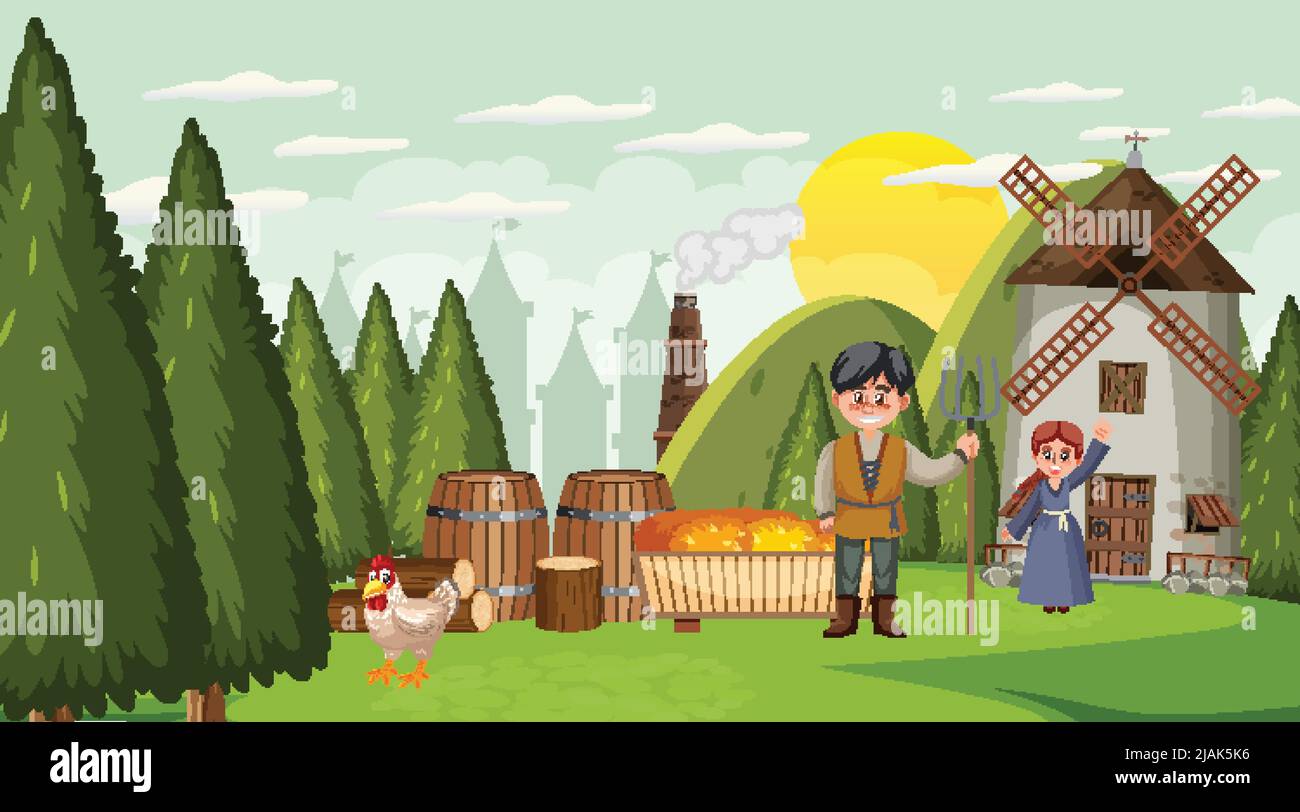 Medieval town cartoon scene with villagers illustration Stock Vector ...
