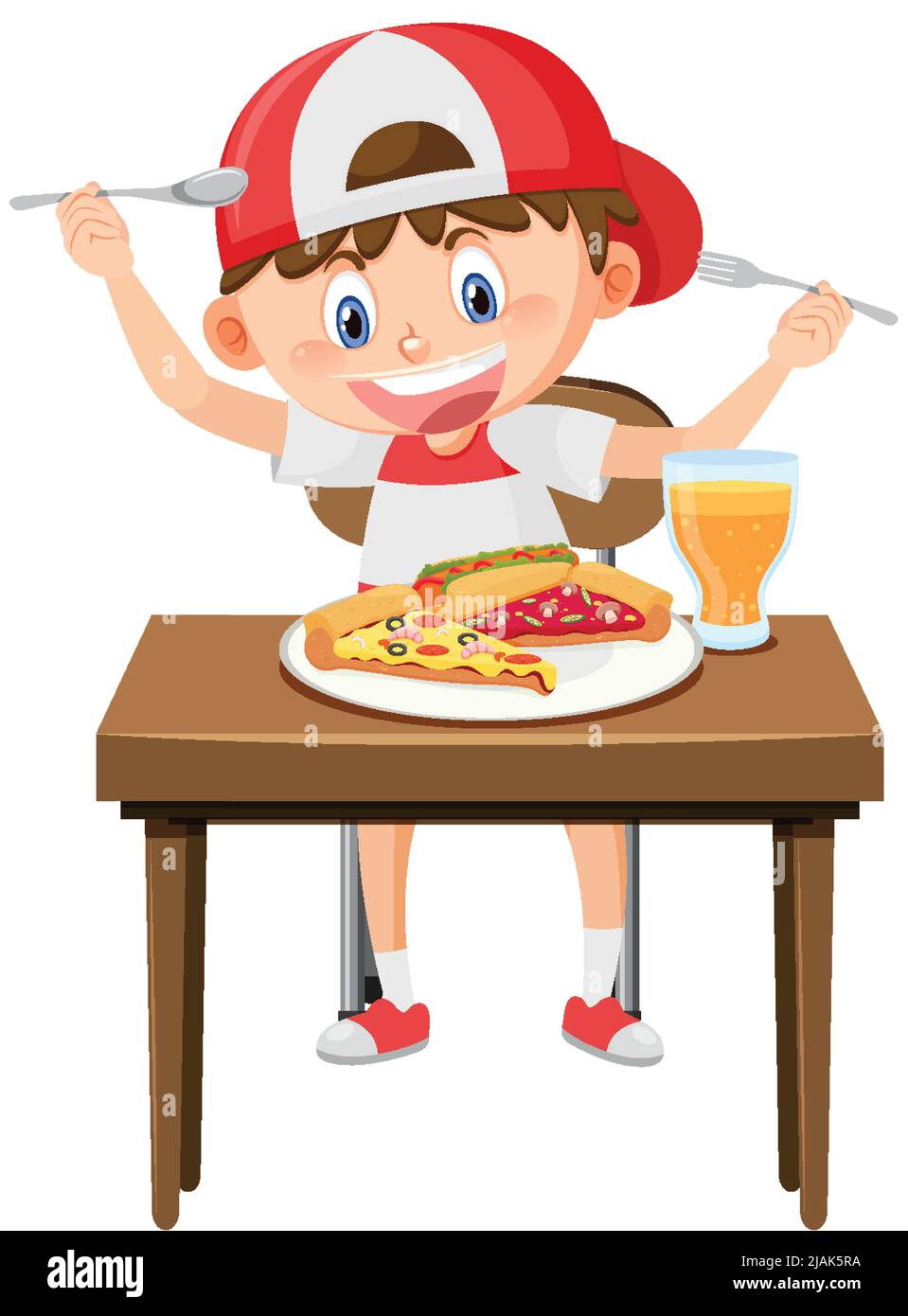 Happy boy enjoy eating food on table illustration Stock Vector Image ...