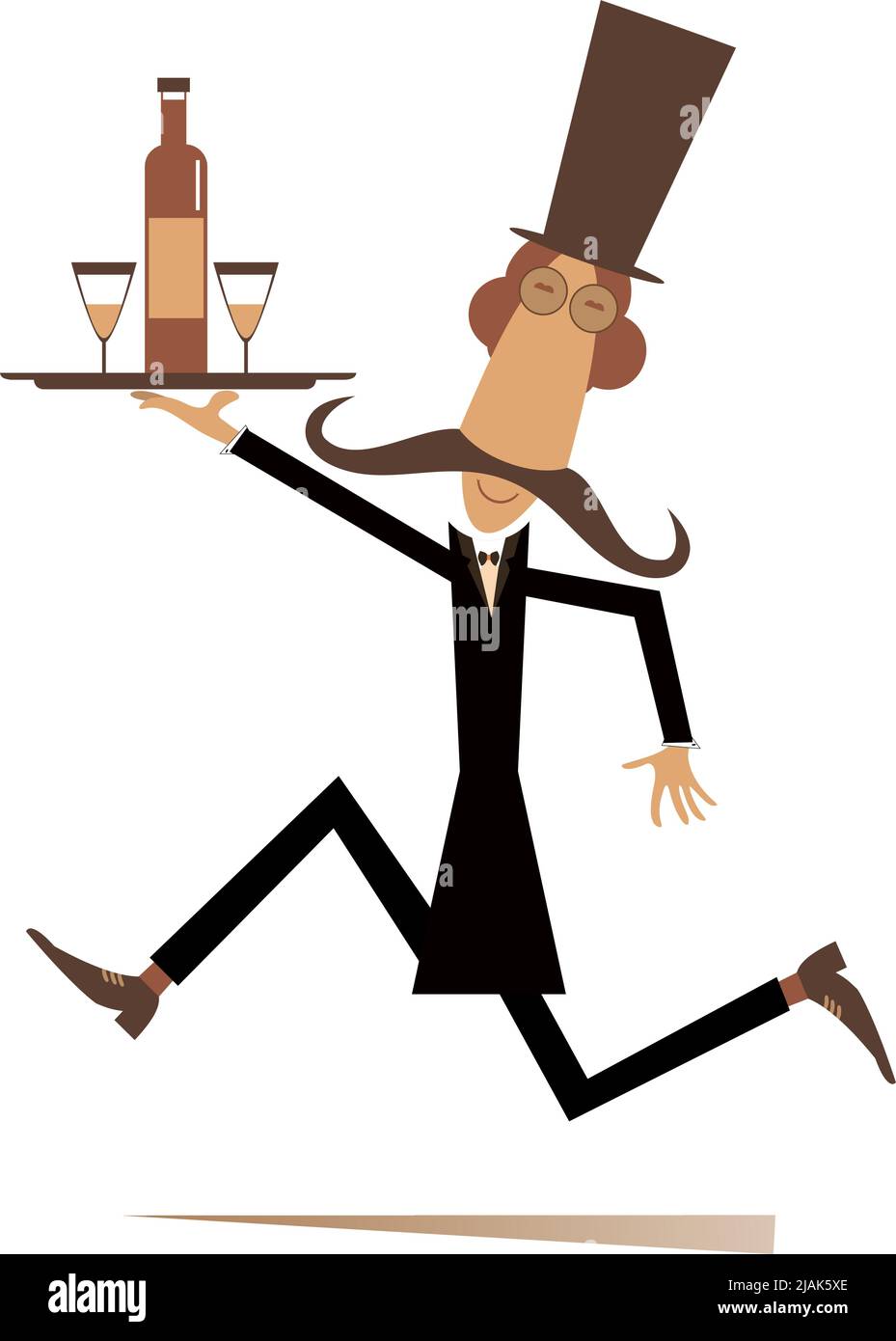 Comic man carries a tray with a bottle and glasses. Cartoon long ...