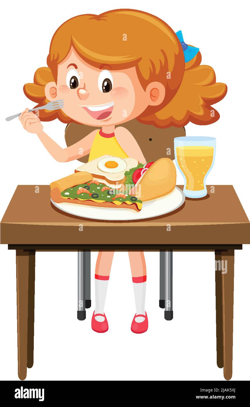Happy girl enjoy eating food on table illustration Stock Vector Image ...