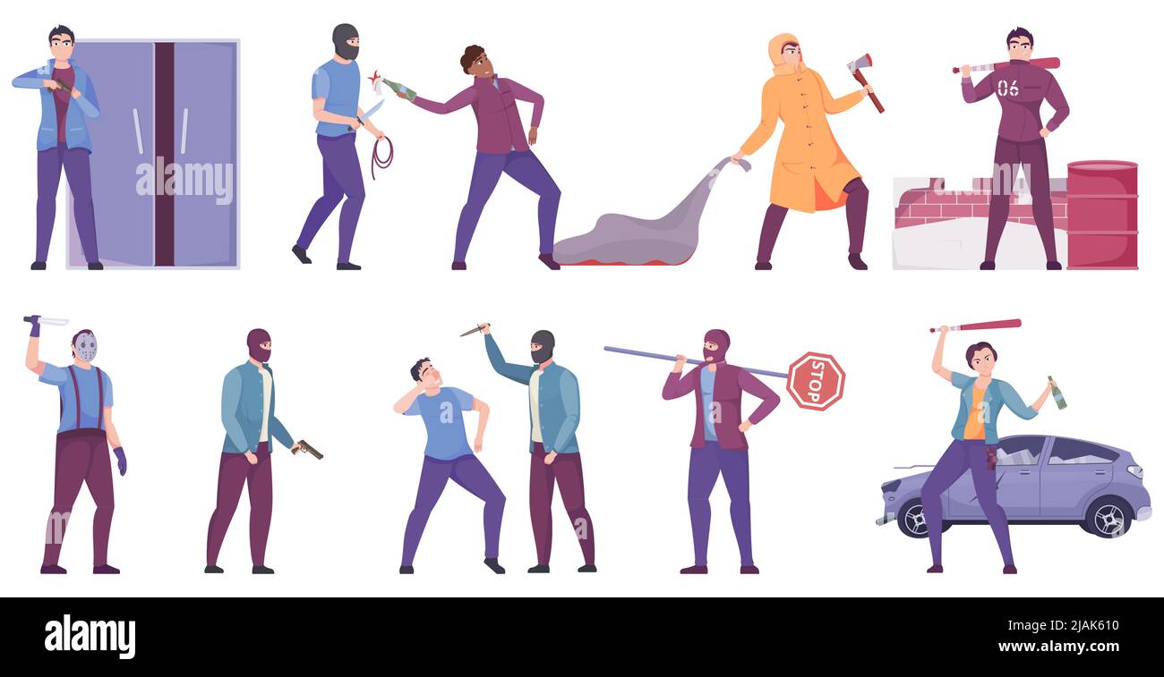 Criminal flat set of armed adult people in masks threatening law ...