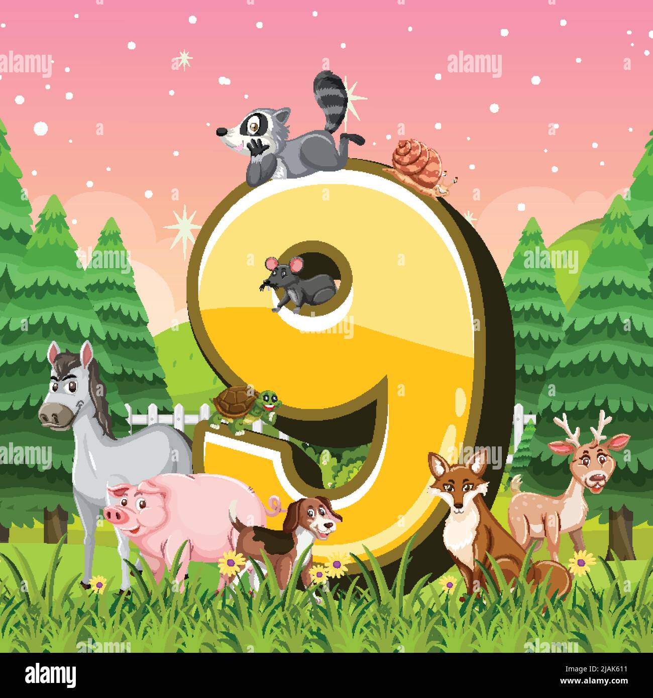 Different nine animals attached to number nine illustration Stock ...