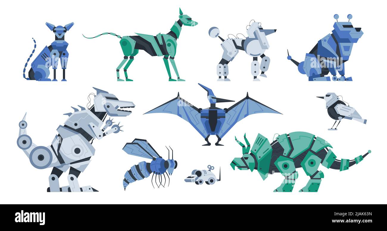 Robot toy animal color icon set with isolated images of wild and ...