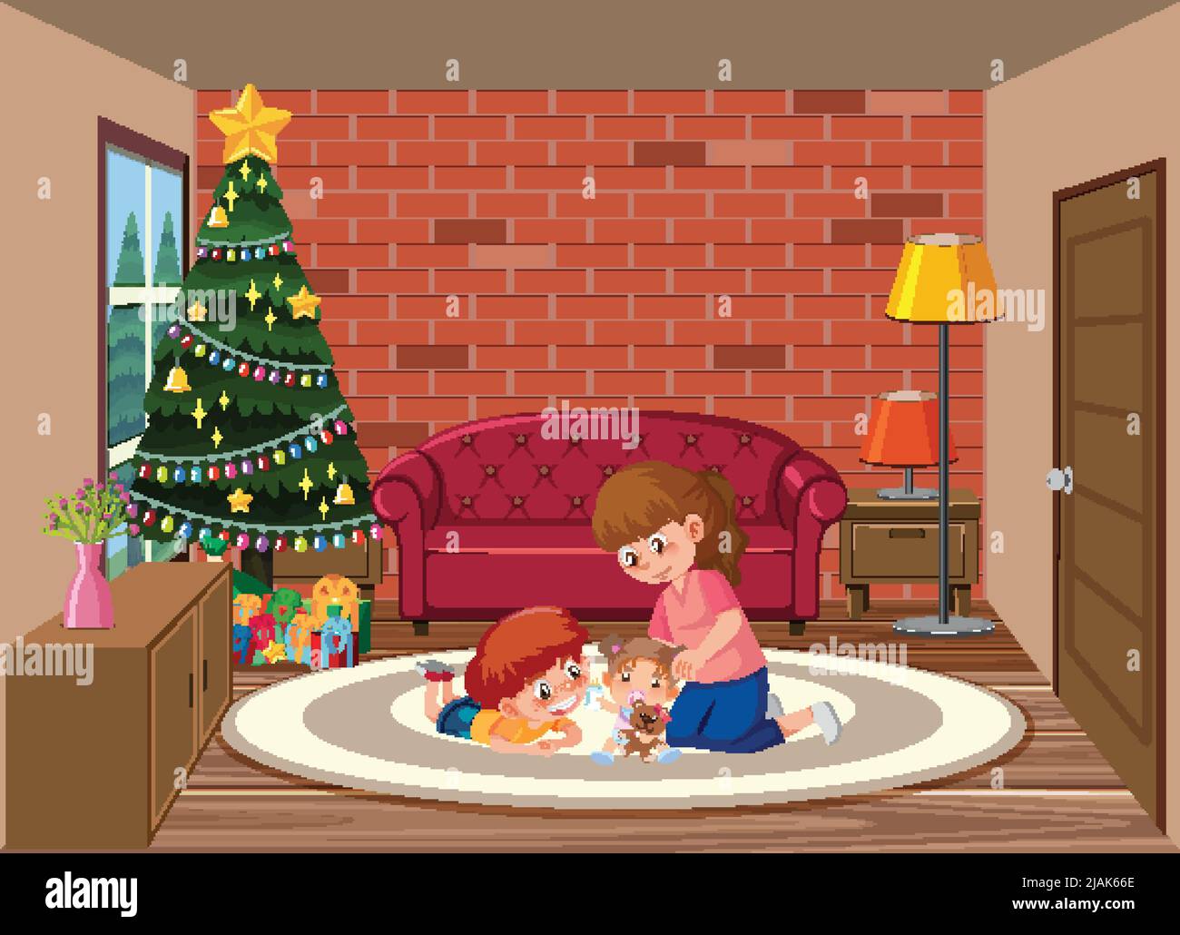 Living room scene with children cartoon character illustration Stock ...