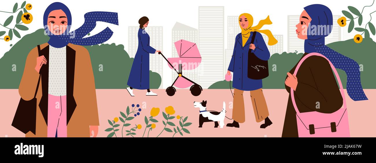 Hijab woman background with walk and pastime symbols flat vector ...