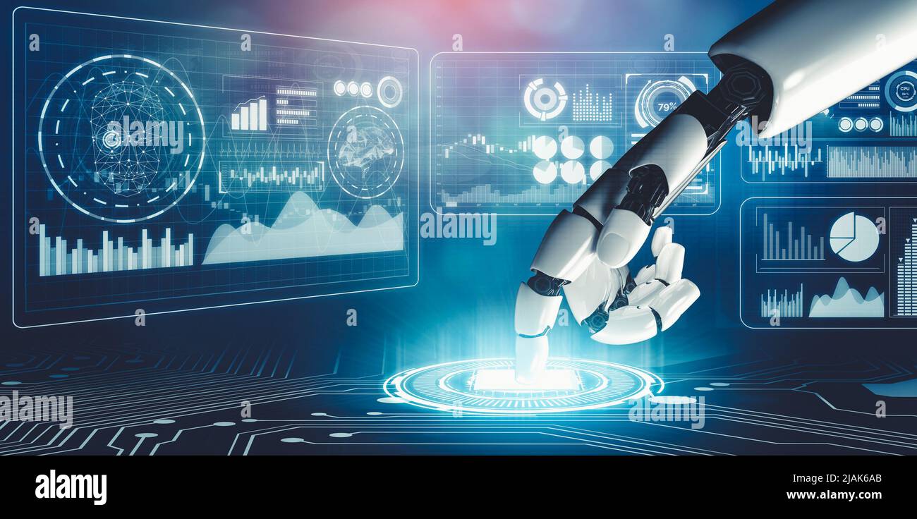 3D rendering futuristic droid robot technology development, artificial ...