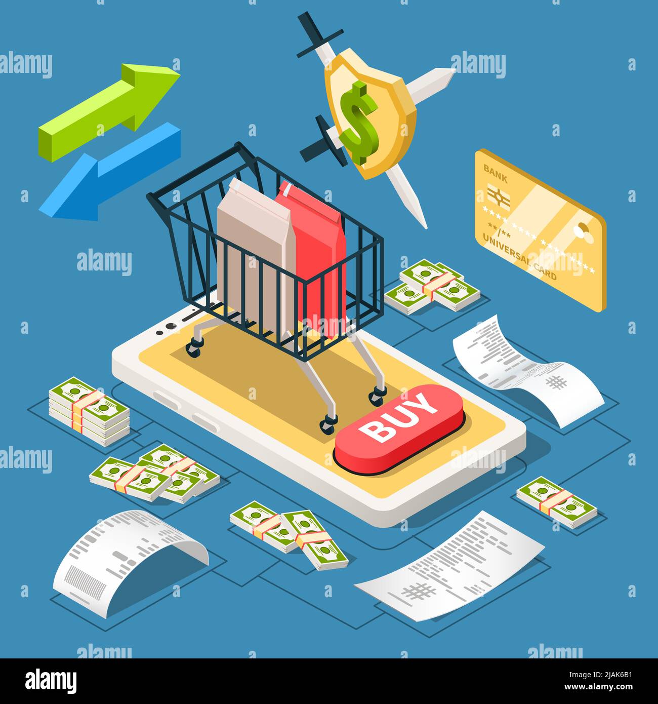 Receipt bill online shopping isometric composition with pictograms and ...