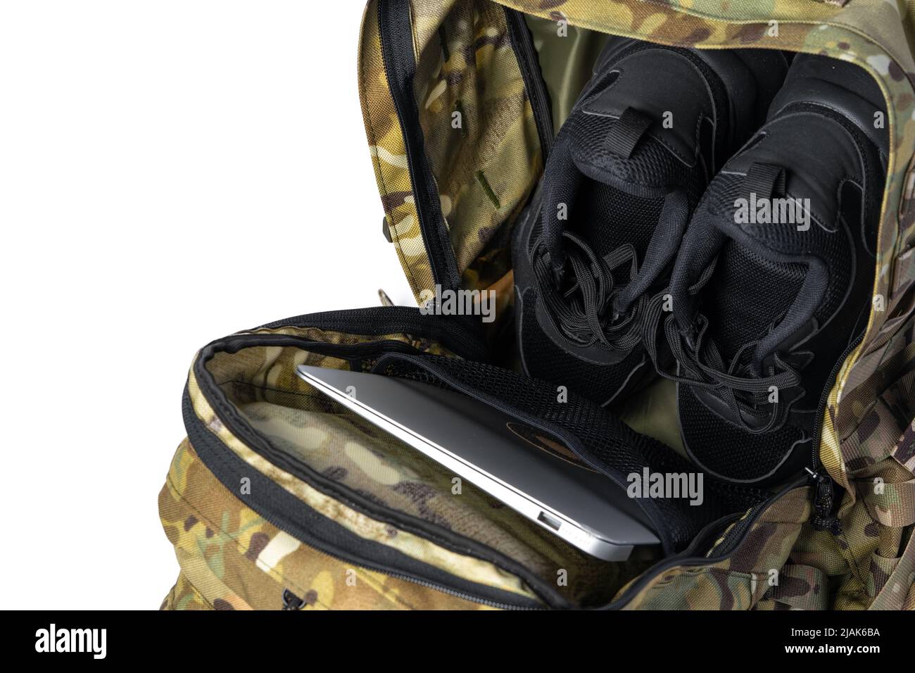 Open military backpack of khaki color on a white background Stock Photo ...
