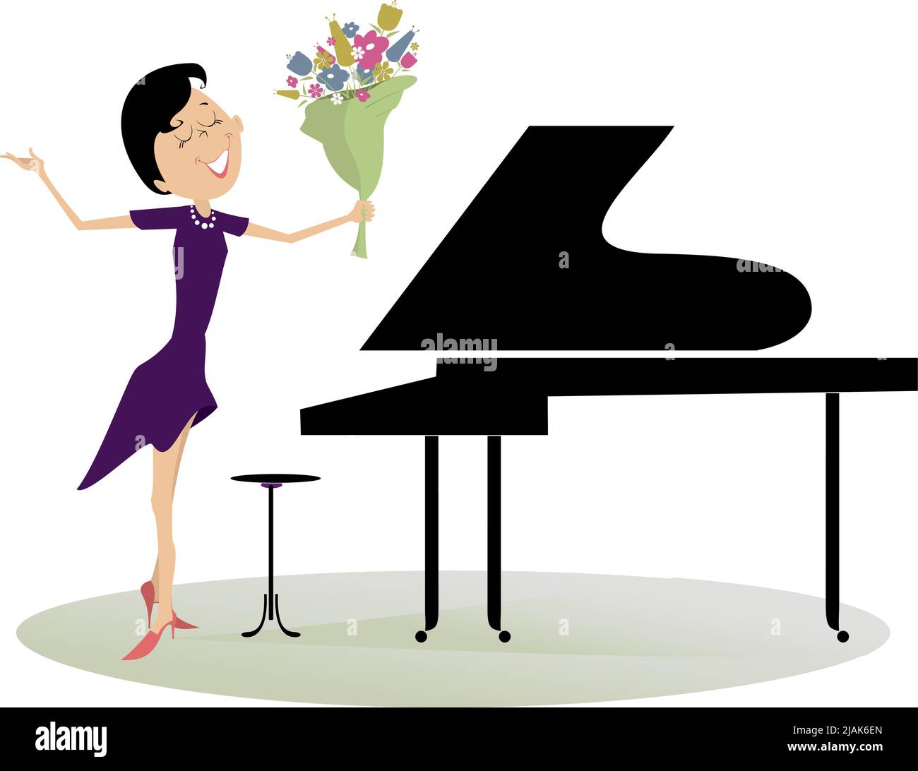 Smiling young pianist woman. Cartoon happy pianist woman with a bunch ...