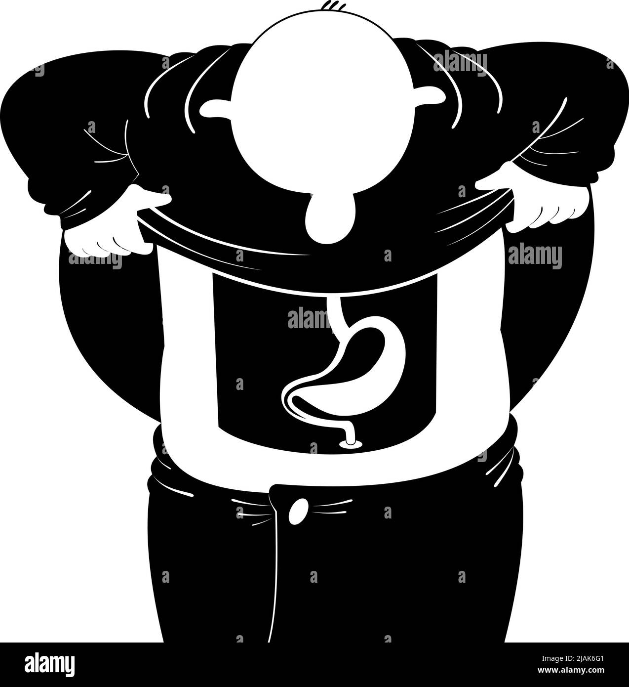 Digestion system concept. Cartoon man looking inside his stomach. Black ...