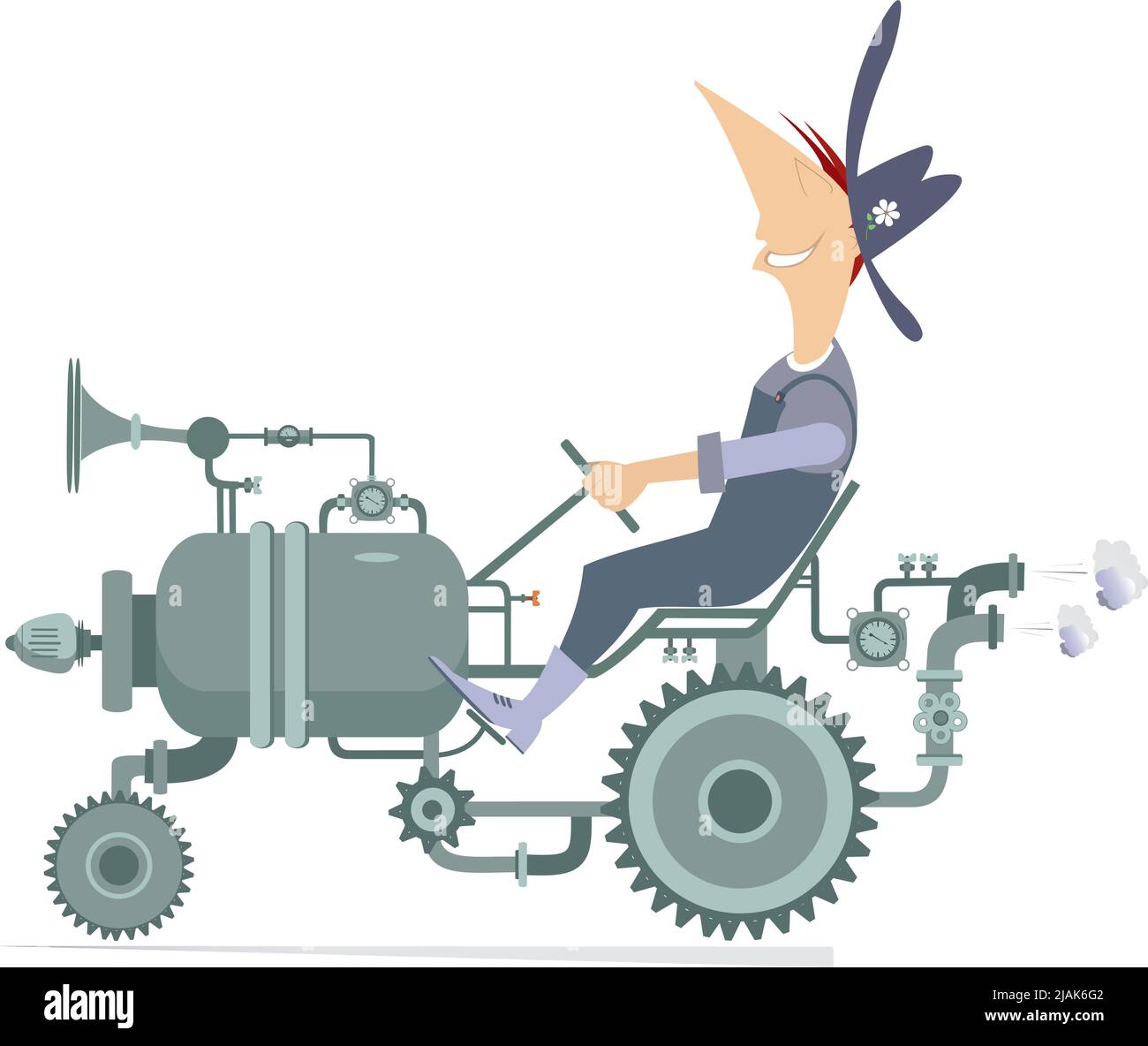 Farmer driving tractor. Cartoon smiling farmer driving tractor in ...
