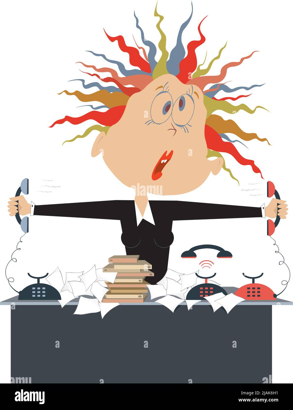 Cartoon angry and upset business woman and ringing telephons. Busy ...