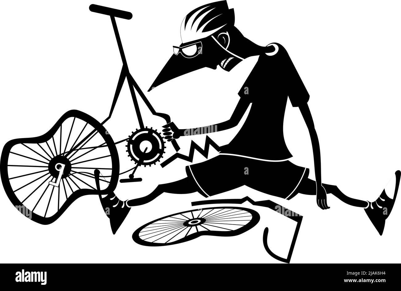 Sad cyclist man and broken bike. Cyclist man with downcast head sitting ...