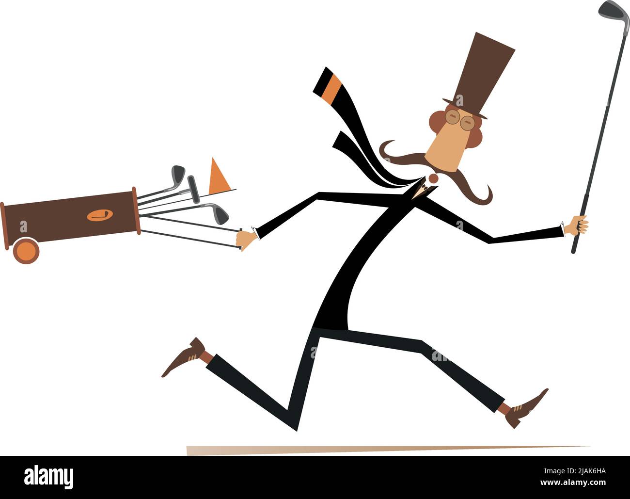 Running long mustache gentleman in the top hat with a golf club and ...