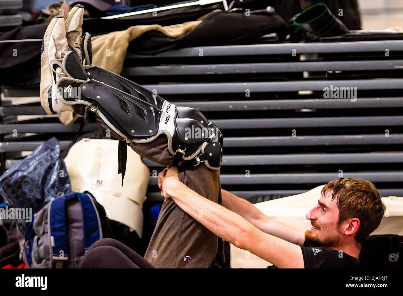 Carson, US - 29 May 2022, A competitor stretches before the match ...