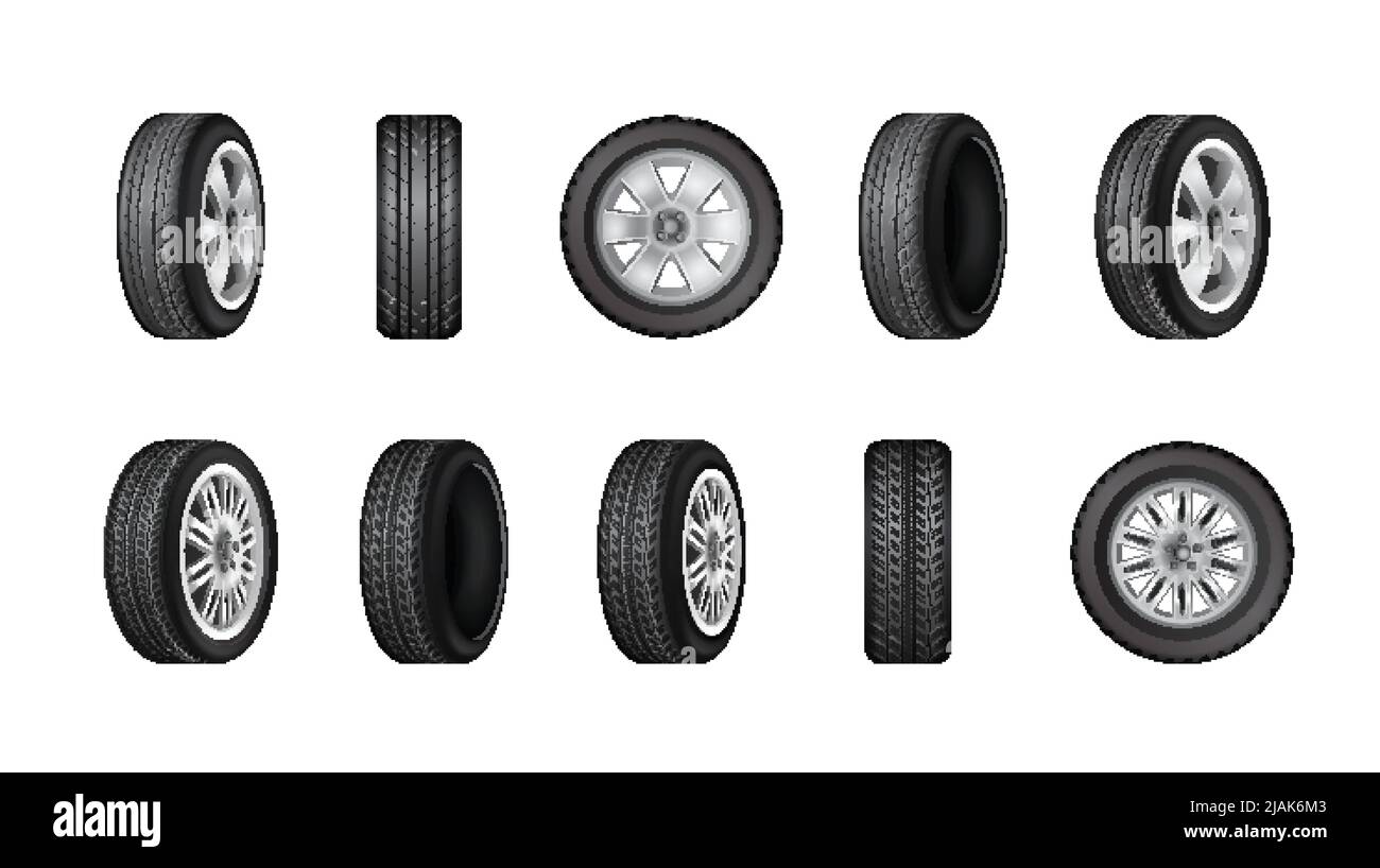 Car wheels with different protector tread patterns realistic monochrome set isolated on white ...