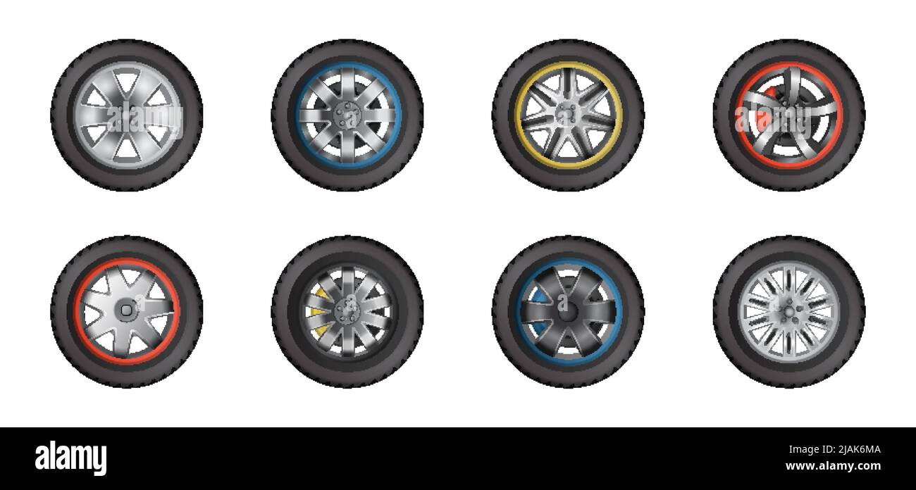 Front view of car wheels with various disks realistic set on white ...