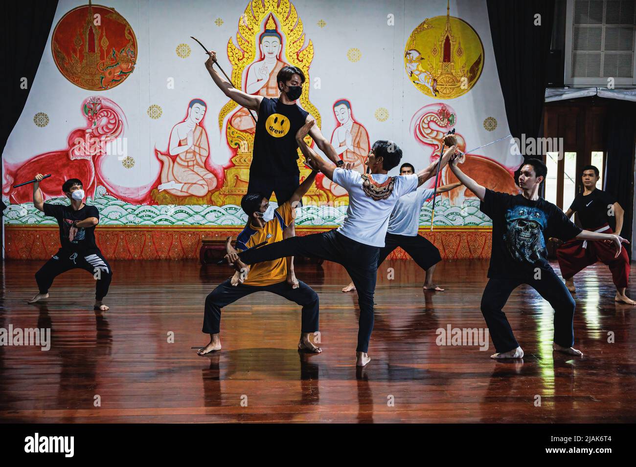 Bangkok, Thailand. 29th May, 2022. Khon performers seen practicing a ...
