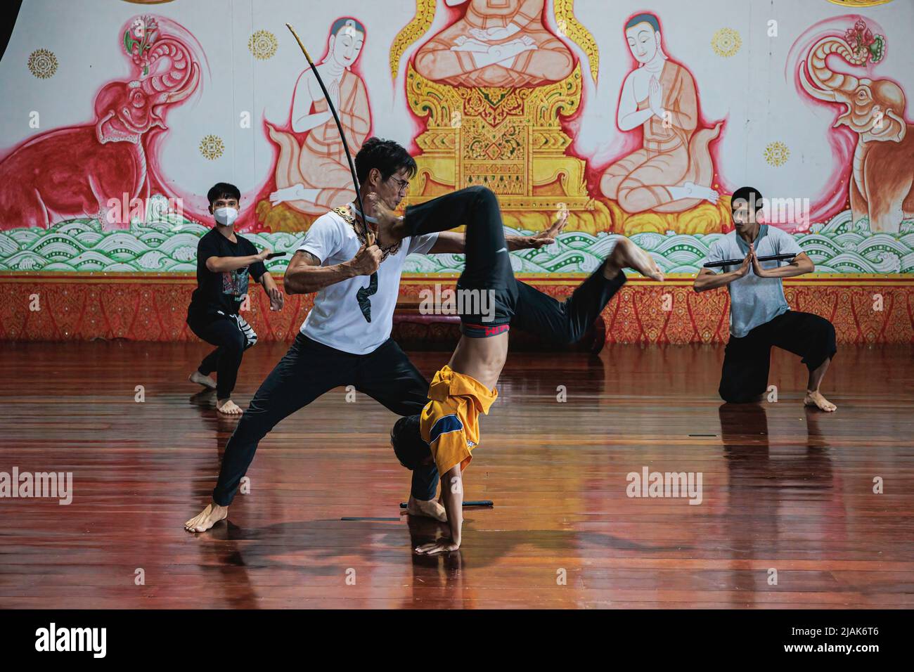 Bangkok, Thailand. 29th May, 2022. Khon performers seen practicing a ...