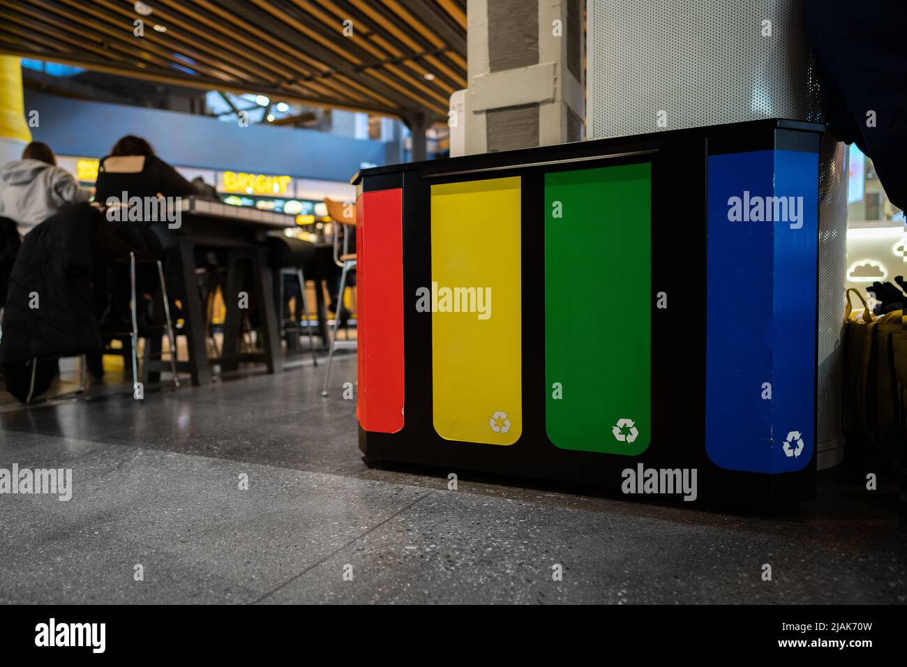 Trash containers for recycle in a shopping center Stock Photo - Alamy