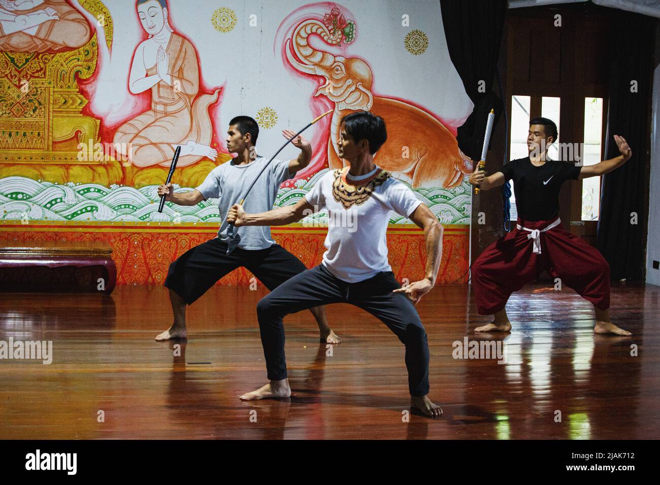 Khon performers seen practicing at Chang theatre. Khon dance or Khon ...