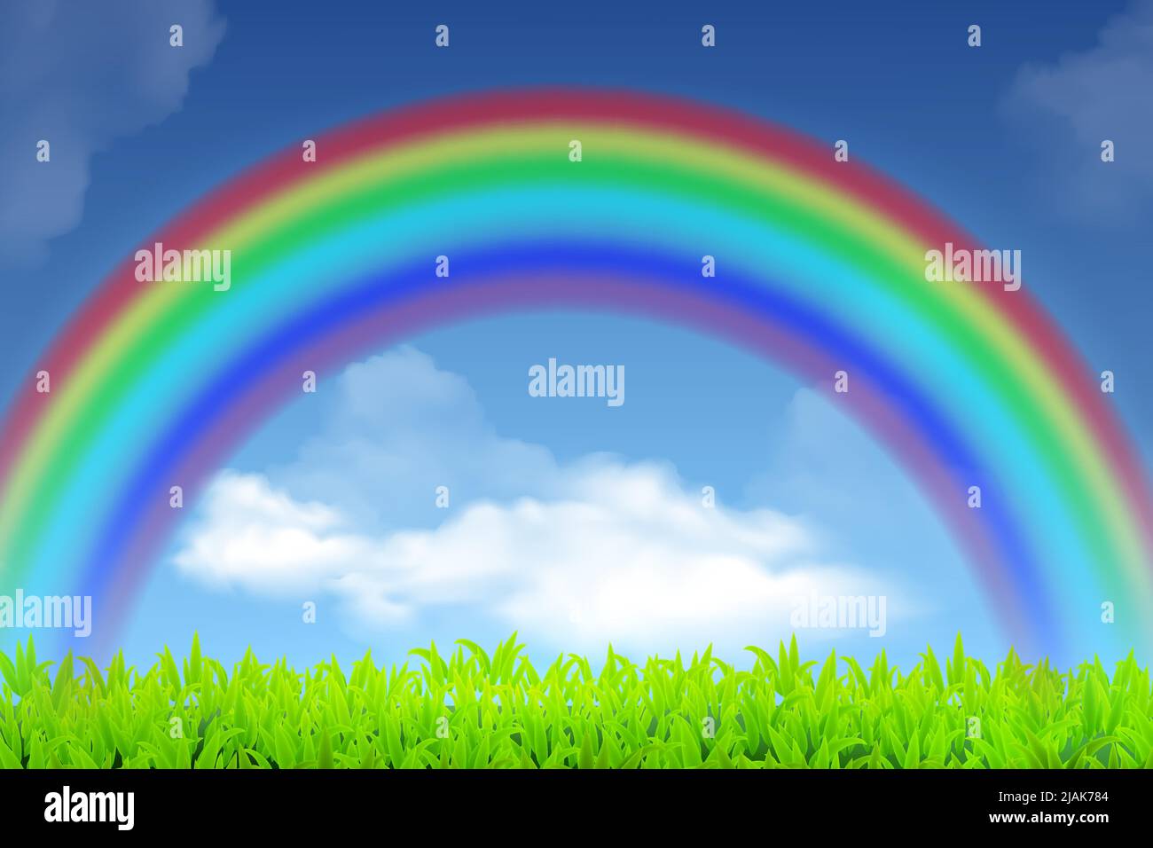 Beautiful rainbow summer landscape on background with green lawn and ...