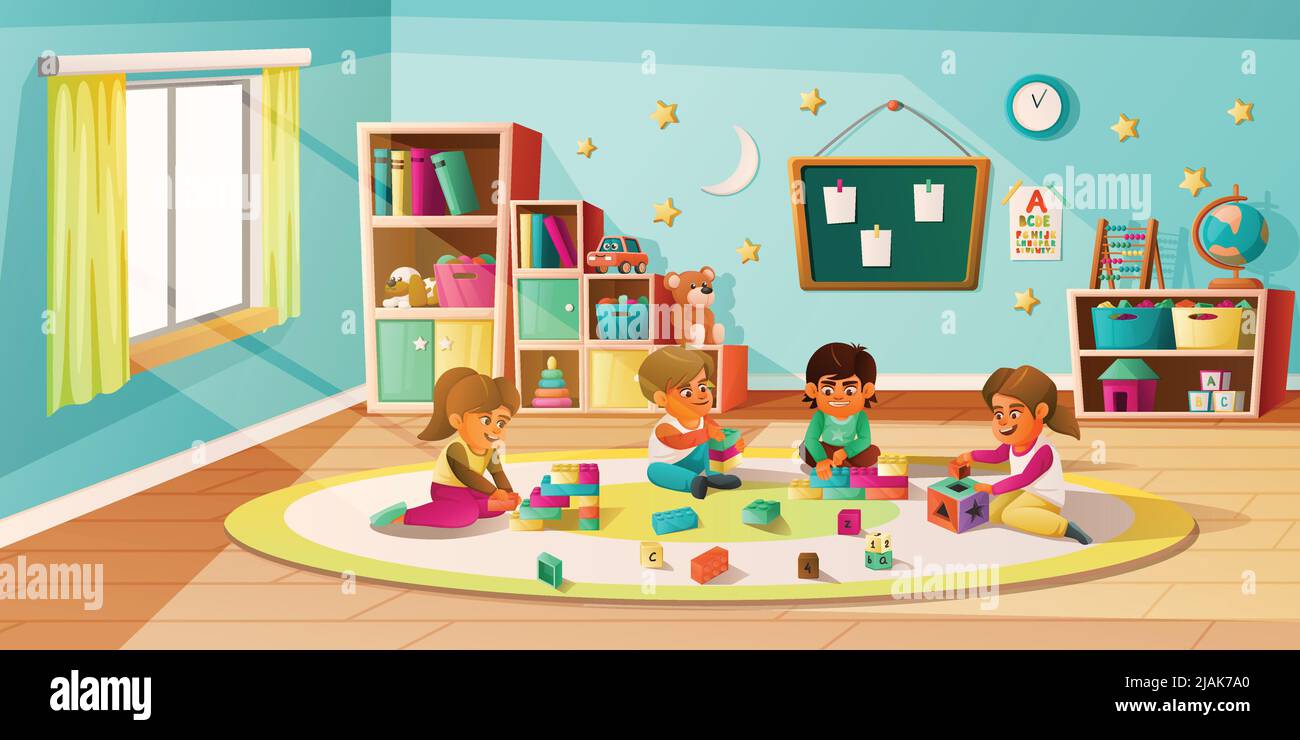 Kindergarten cartoon background with children play together with cubes ...