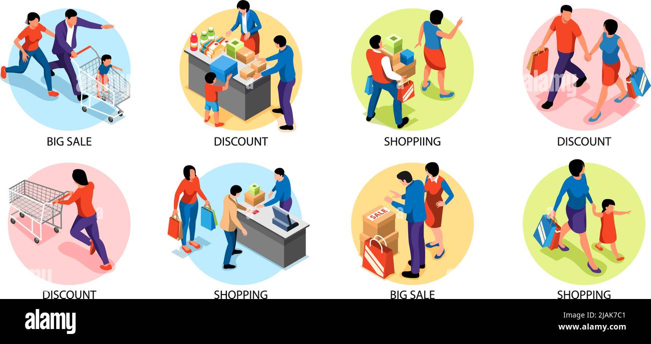 Set of isolated isometric family shopping round compositions with text ...