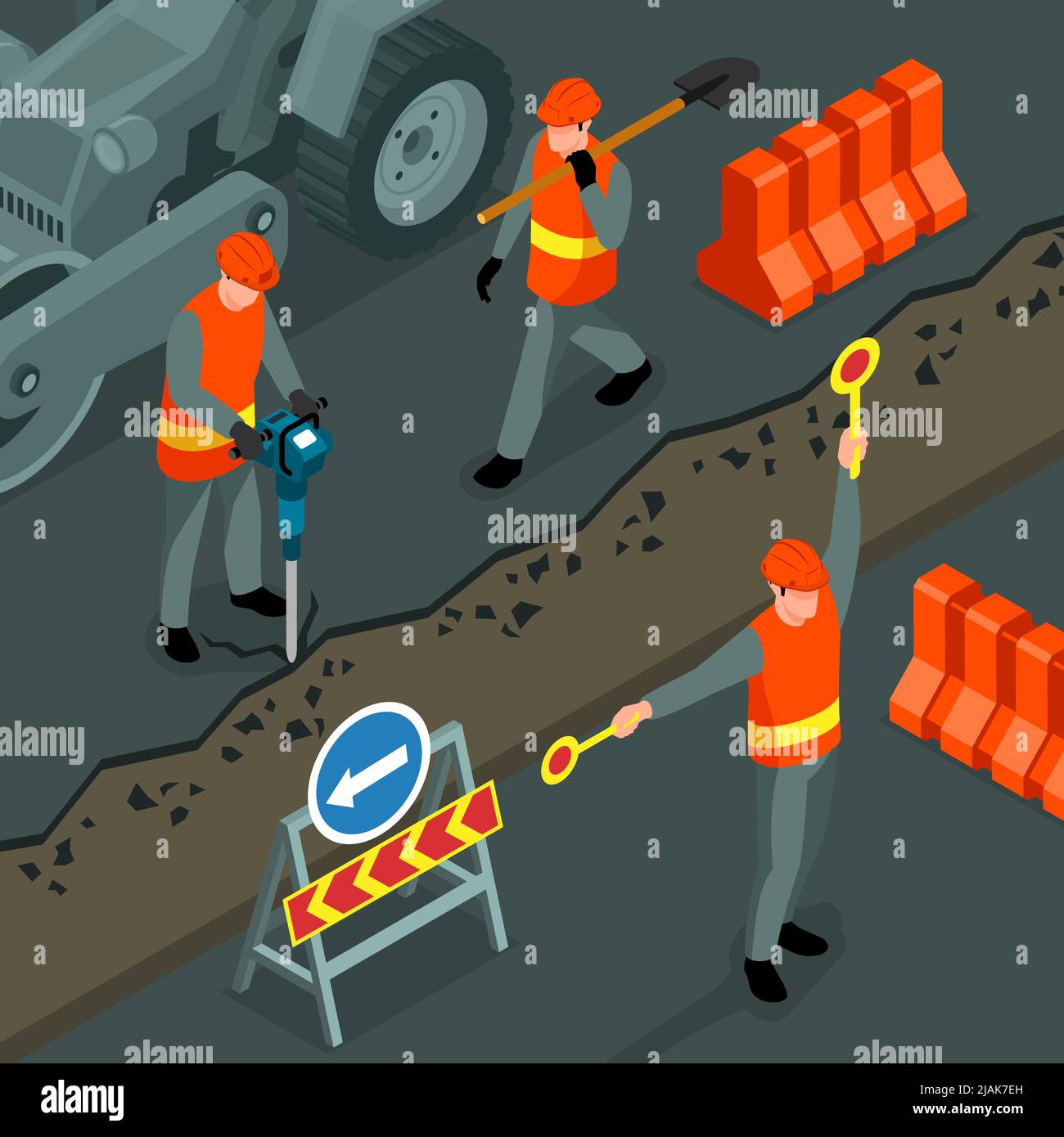 Isometric road repair square composition with outdoor view of workers ...