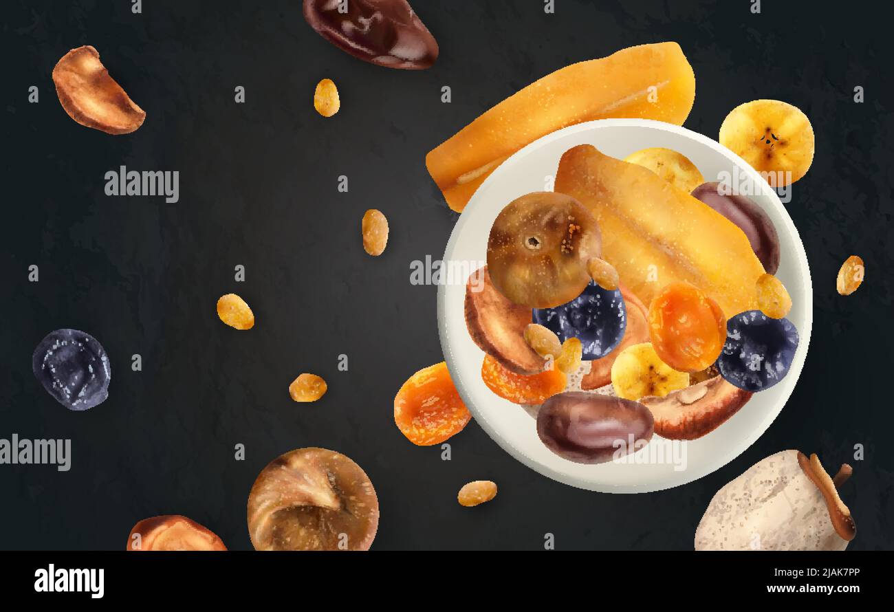 Dry fruits chalkboard with scattering of realistic fruits on black ...