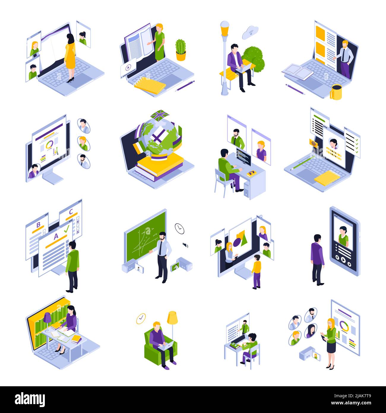 Online education and distance learning isometric set of icons with ...